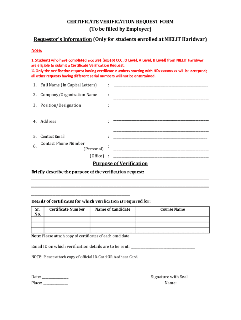 Fillable Online Certificate Verification Request Fax Email Print ...