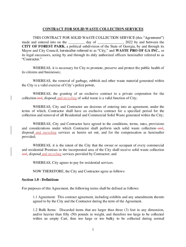 Fillable Online THIS CONTRACT FOR SOLID WASTE COLLECTION SERVICE (this ...