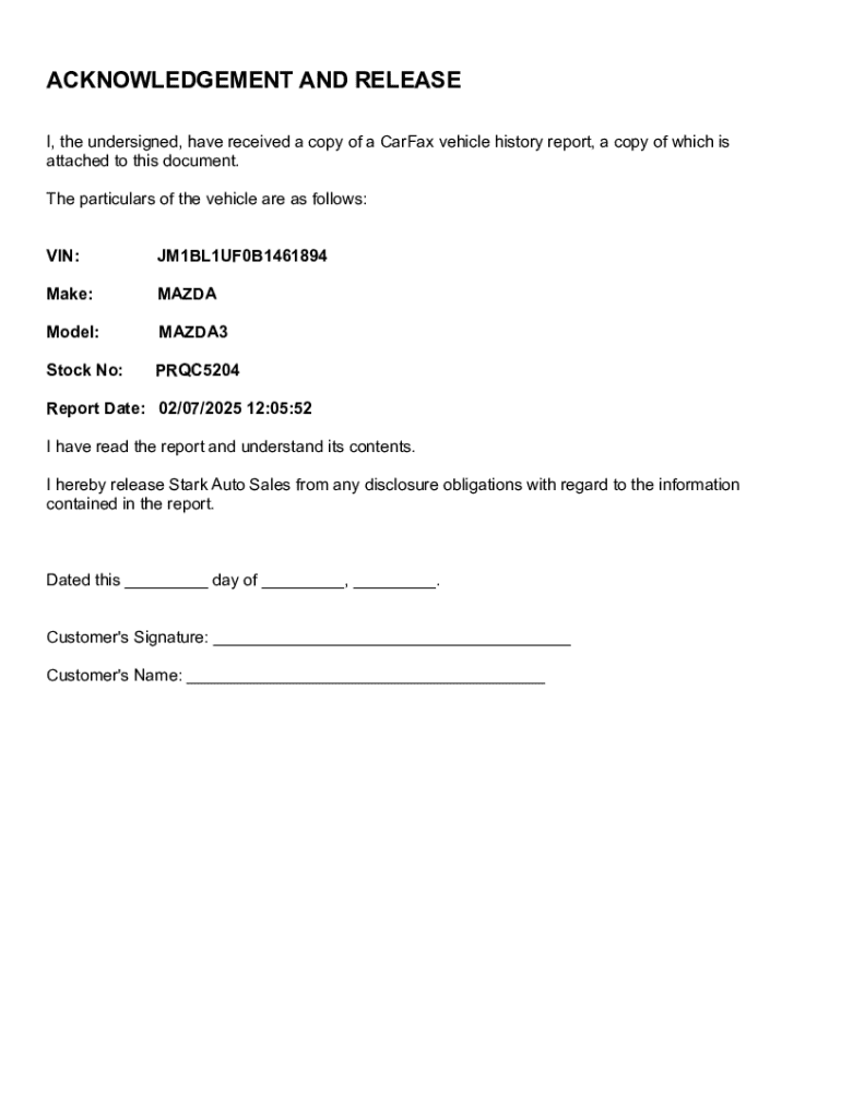 Fillable Online Vehicle History Report Acknowledgement Fax Email Print ...