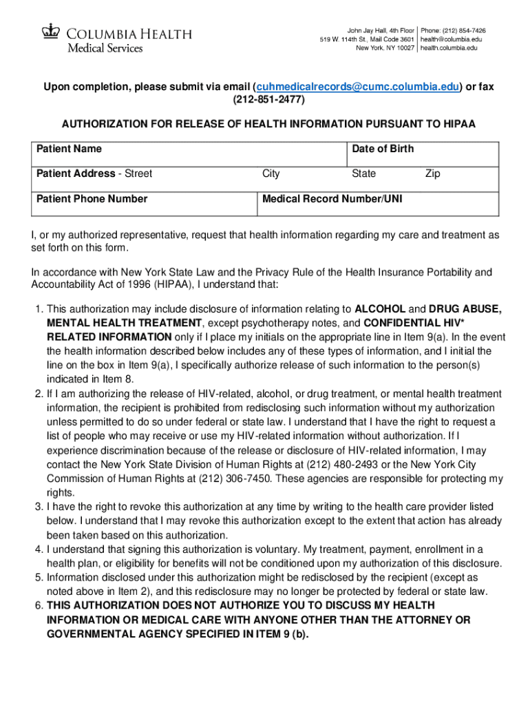 Fillable Online Authorization for Release of Health Information ...