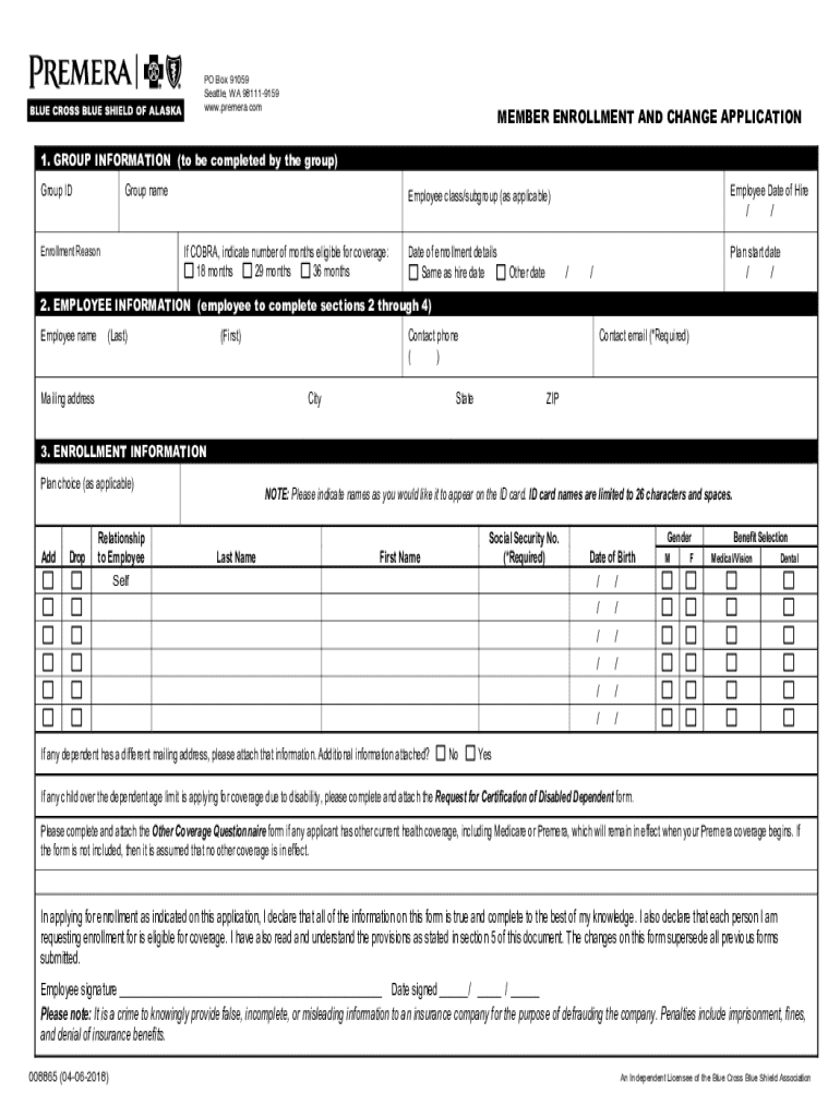 Fillable Online Member Enrollment and Change Application Fax Email ...