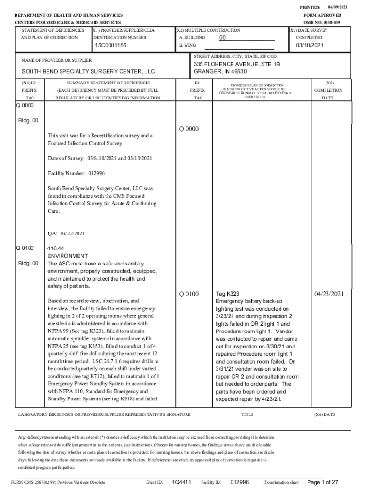 Fillable Online Statement of Deficiencies and Plan of Correction Fax Email Print - pdfFiller