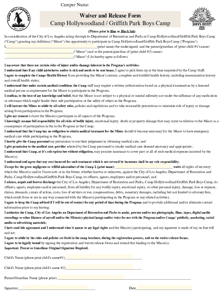 Fillable Online Camp Hollywoodland / Griffith Park Boys Camp Waiver Fax ...