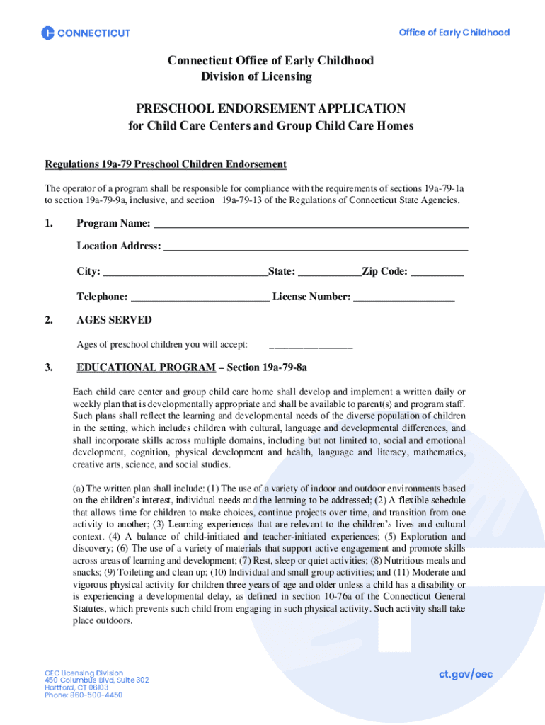 Fillable Online Preschool Endorsement Application for Child Care Centers and Group Child Care ...