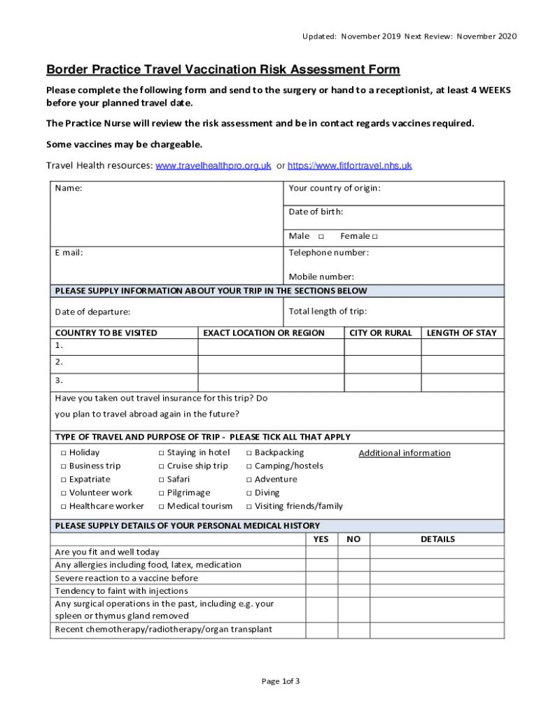 Fillable Online Travel Vaccination Risk Assessment Fax Email Print ...