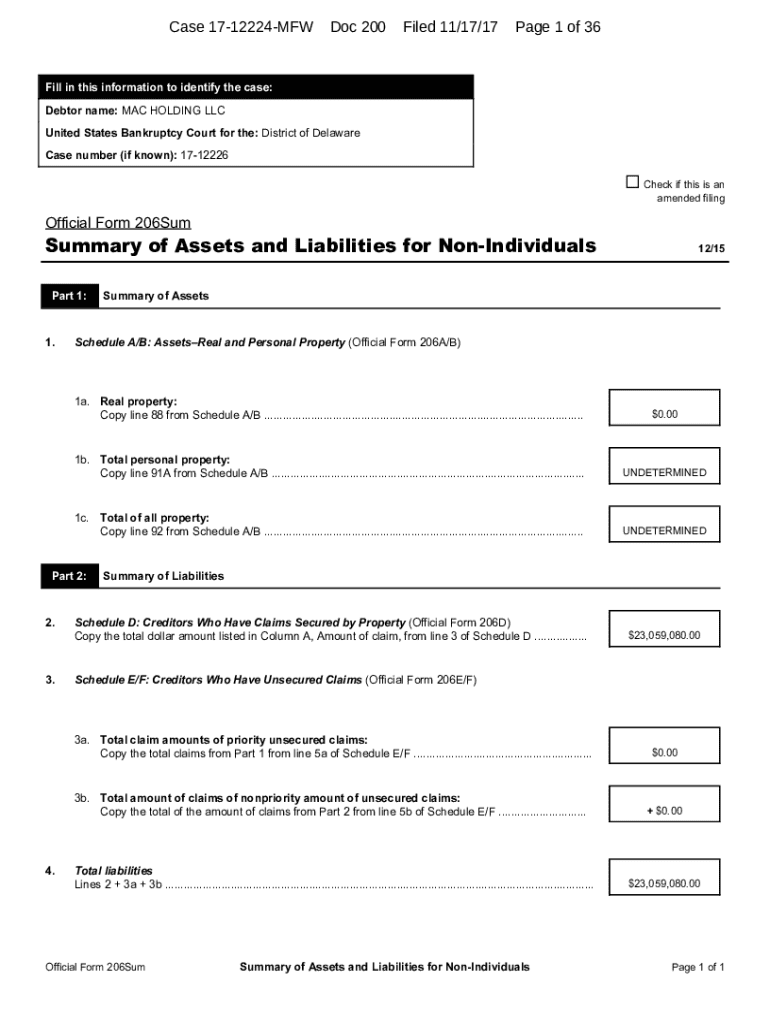 Fillable Online Summary of Assets and Liabilities for Non-individuals ...