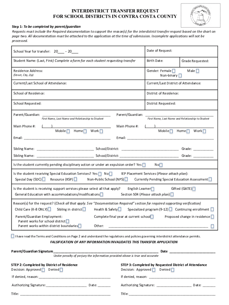 Fillable Online Interdistrict Transfer Request for School Districts in ...