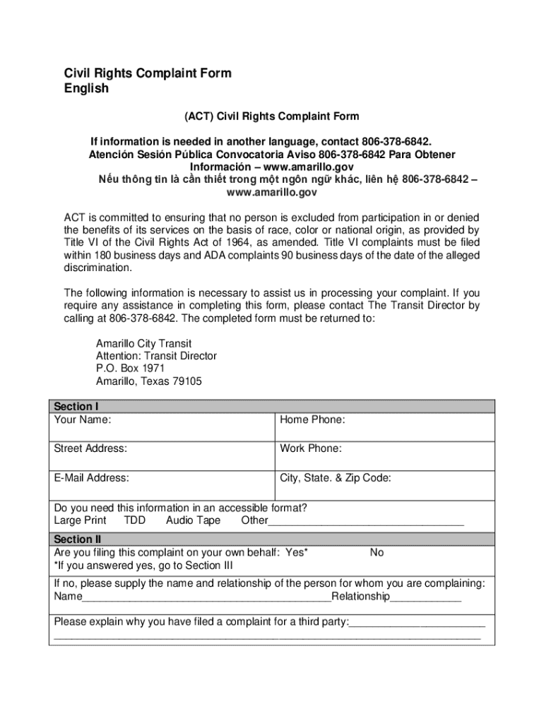 Fillable Online Act Civil Rights Complaint Form Fax Email Print - pdfFiller