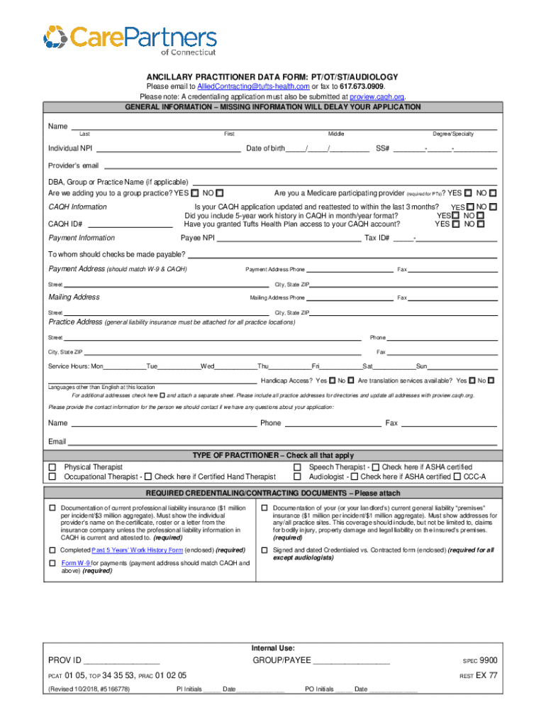 Fillable Online Ancillary Practitioner Data Form: Pt/ot/st/audiology Fax Email Print - pdfFiller