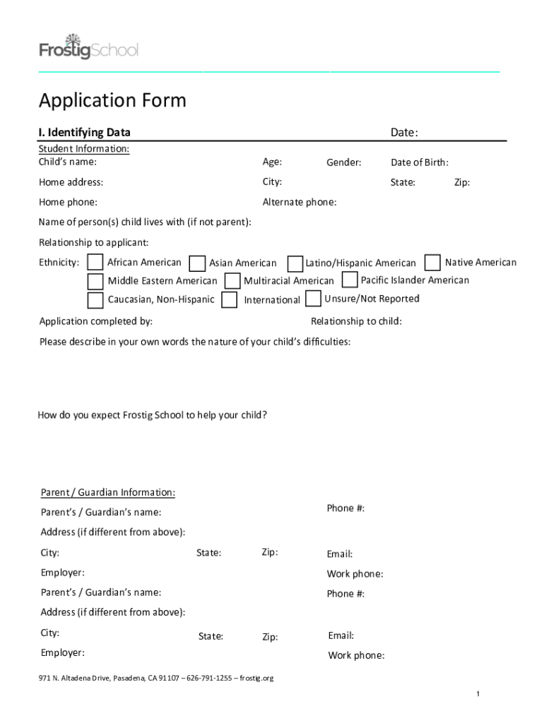 Fillable Online Frostig School Application Fax Email Print - pdfFiller