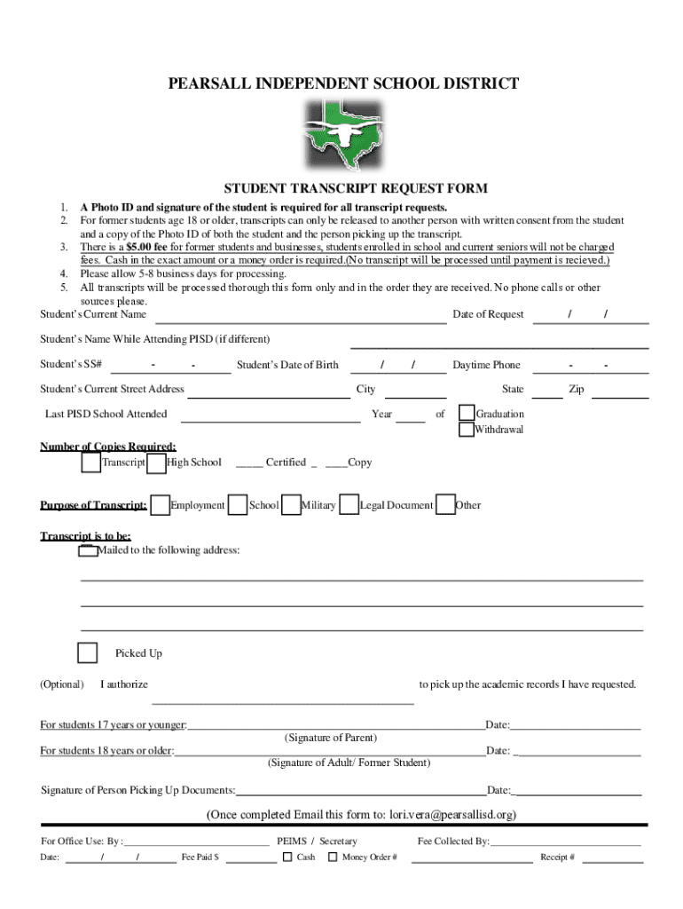 Fillable Online Pearsall Independent School District Student Transcript ...
