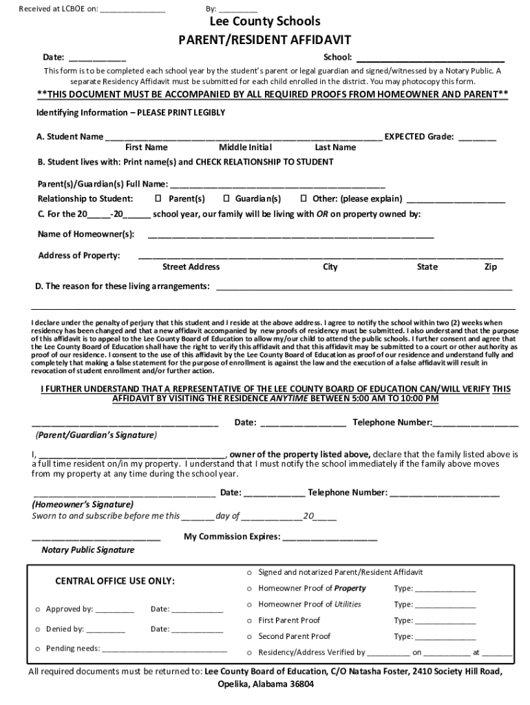 Fillable Online Lee County Schools Parent/resident Affidavit Fax Email ...