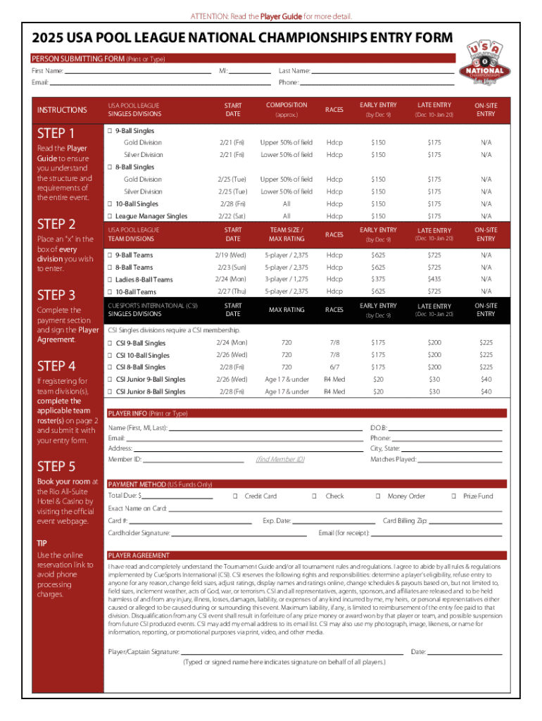 Fillable Online 2025 Usa Pool League National Championships Entry Form ...