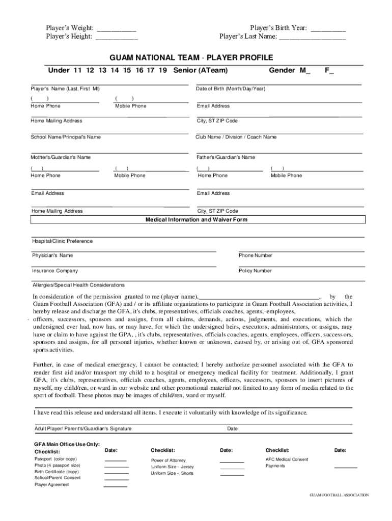 Fillable Online Guam National Team - Player Profile Fax Email Print ...