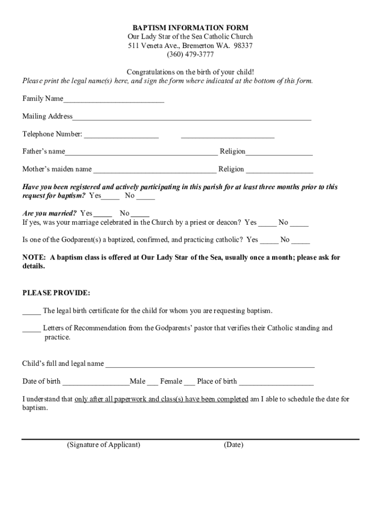 Fillable Online Baptism Information Form - Our Lady Star of the Sea ...