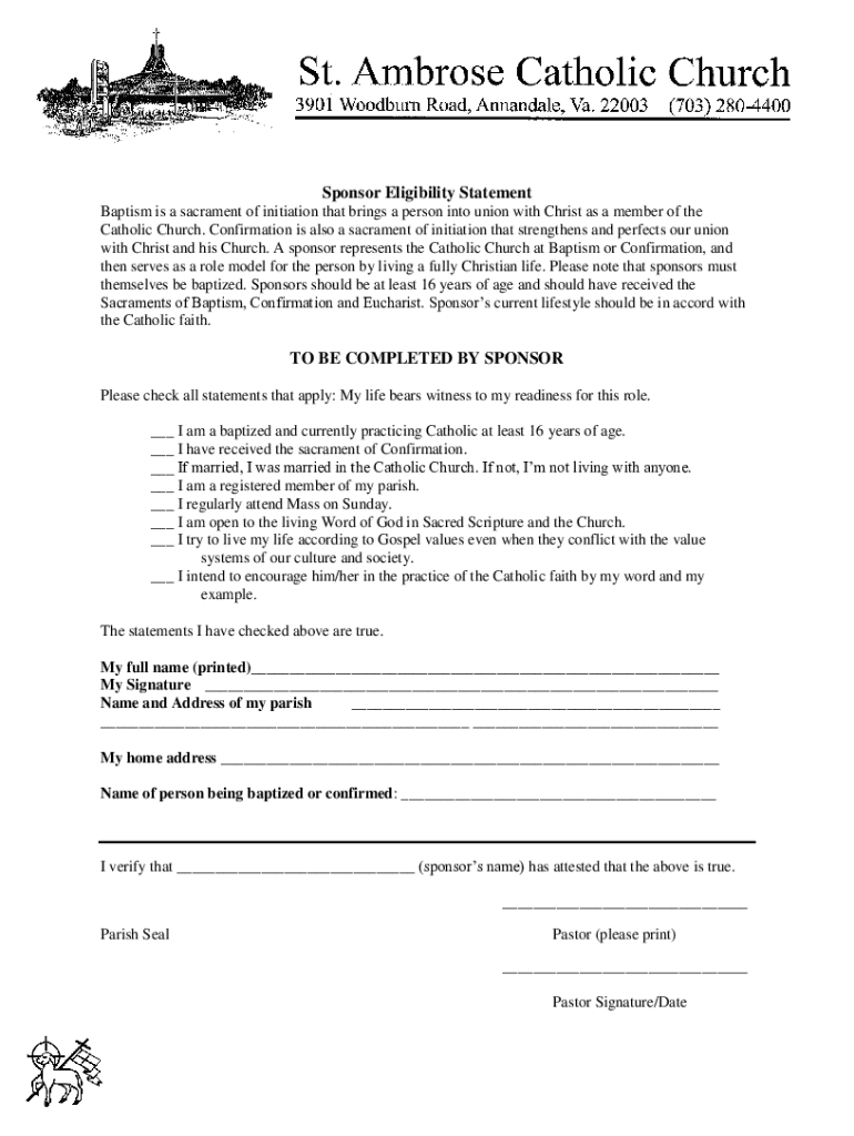 Fillable Online Sponsor Eligibility Statement for Baptism and Confirmation Fax Email Print ...