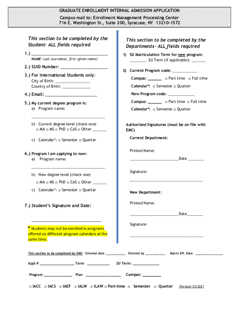 Fillable Online Graduate Enrollment Internal Admission Application Fax ...