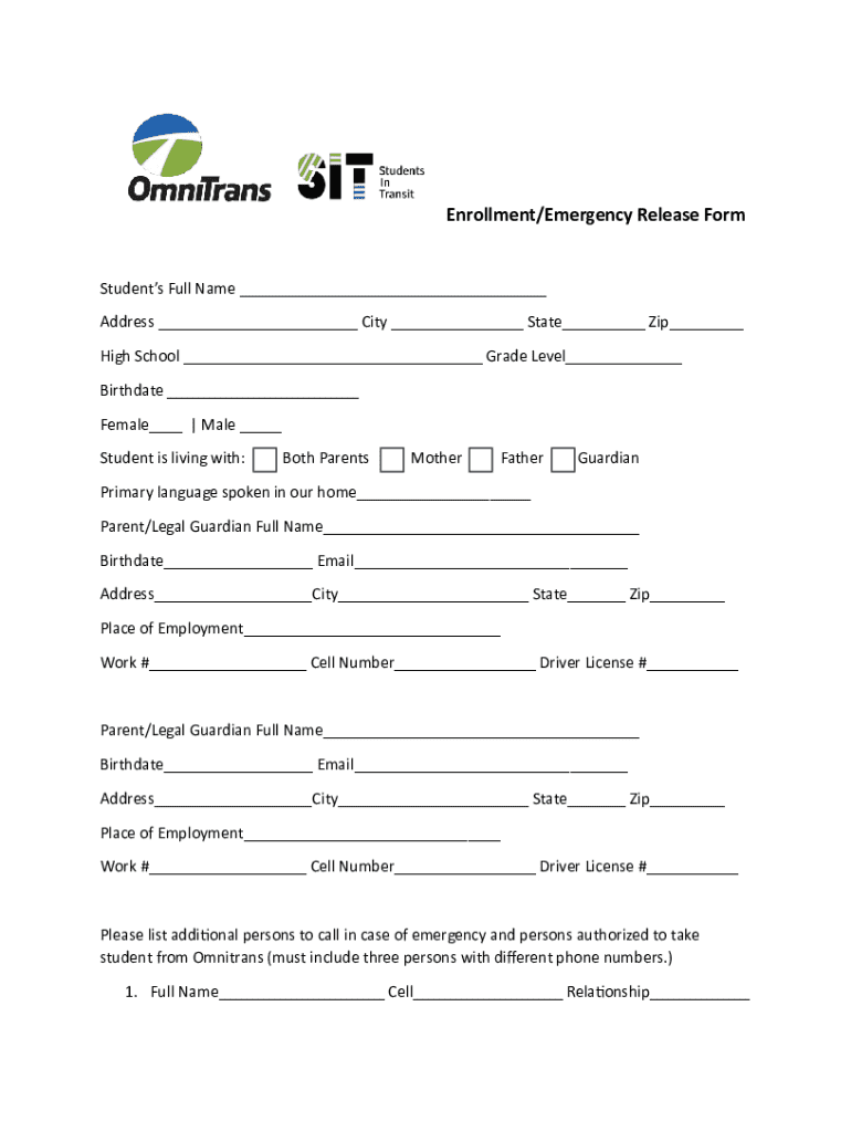 Fillable Online Enrollment/emergency Release Form Fax Email Print ...