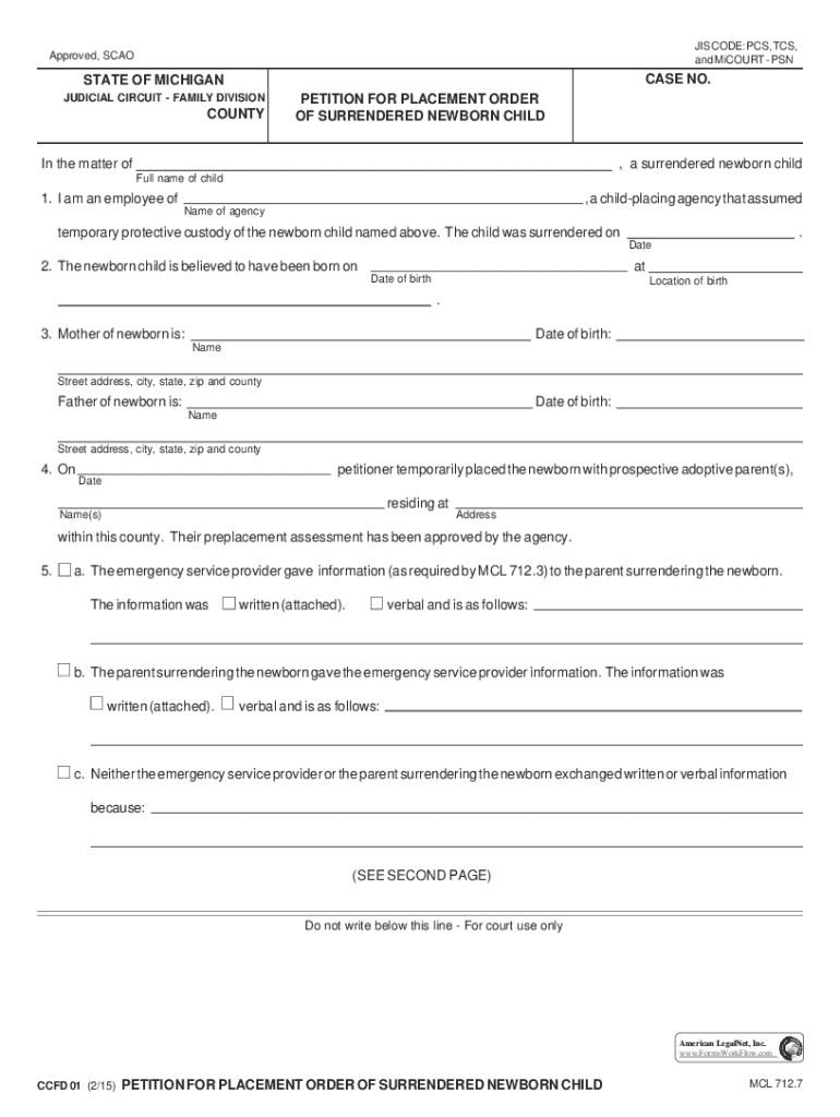 Fillable Online Petition for Placement Order Fax Email Print - pdfFiller