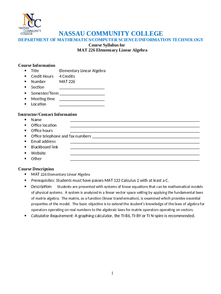 Mat 226 Elementary Linear Algebra Syllabus - matcmp ncc Doc Template ...