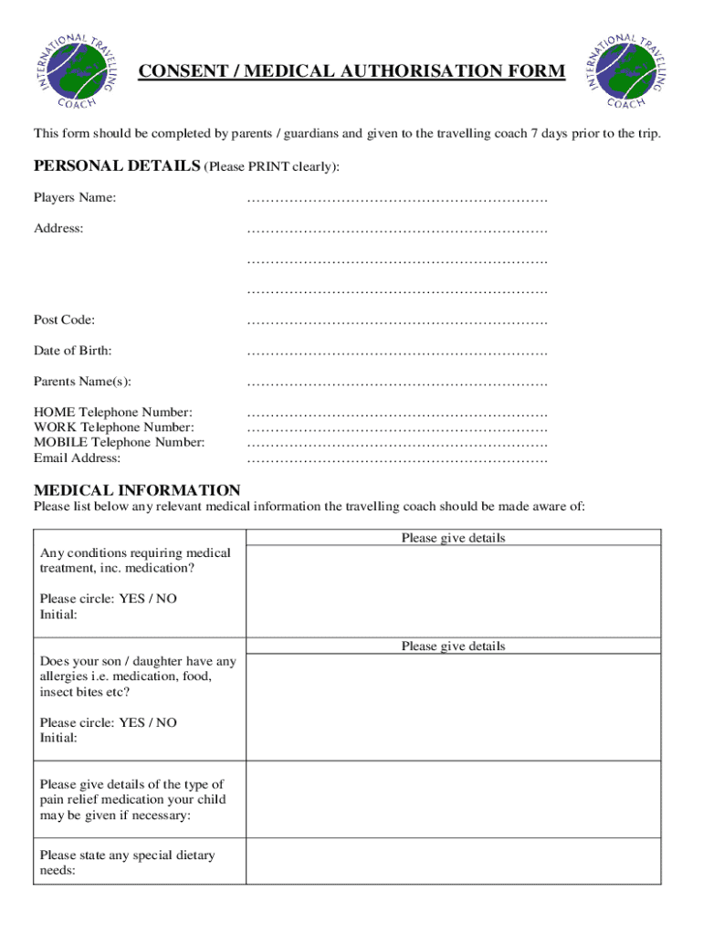 Fillable Online Consent and Medical Authorisation for Trip Fax Email Print - pdfFiller