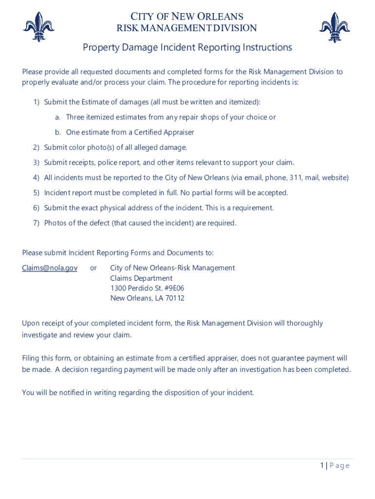 Fillable Online Property Damage Incident Reporting Instructions Fax ...