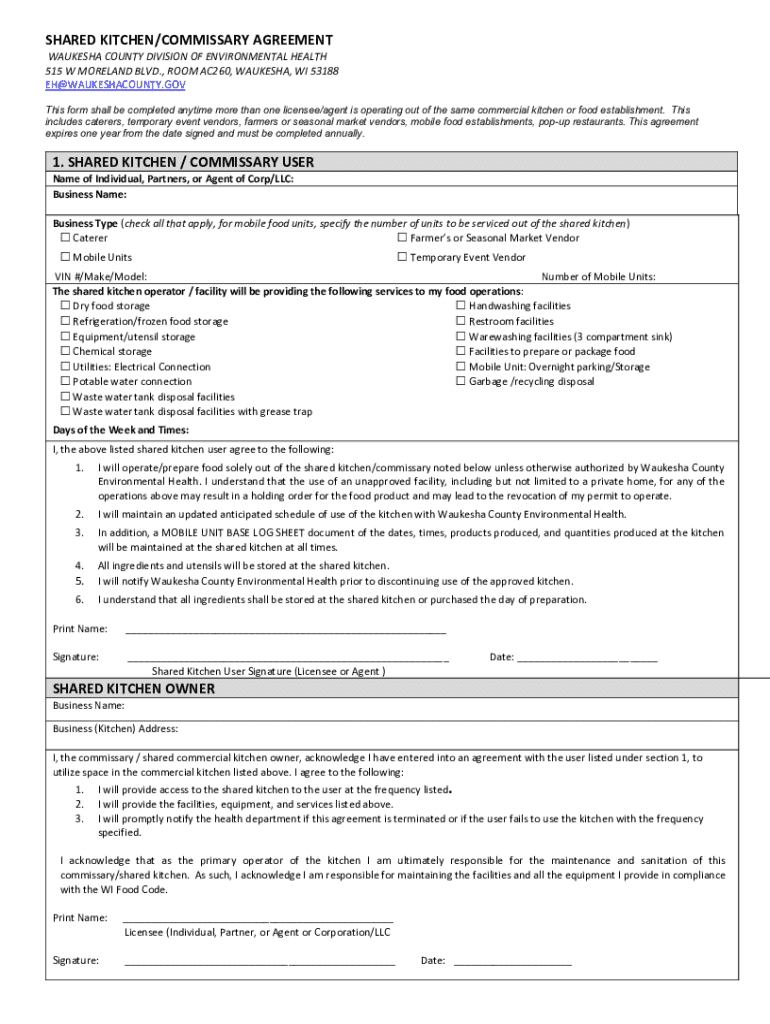 Fillable Online Shared Kitchen/commissary Agreement Fax Email Print ...
