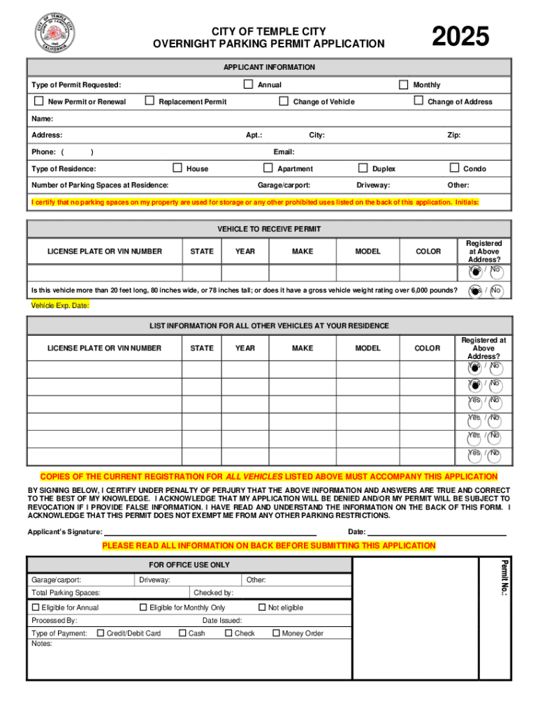 Temple City Overnight Parking Permit Application 2025 - Blank Fillable ...