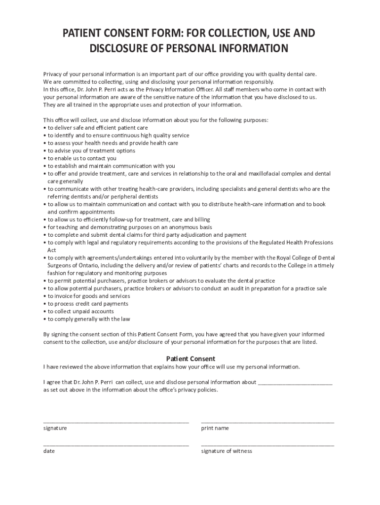 Fillable Online Patient Consent Form: for Collection, Use and ...