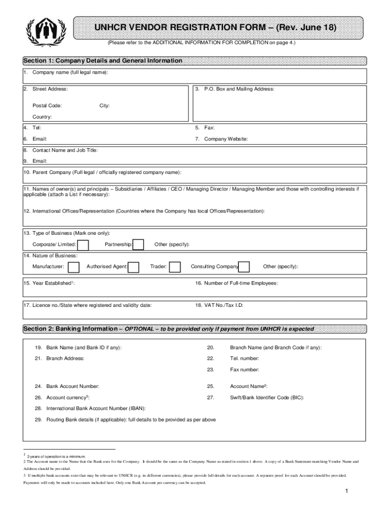 Fillable Online Unhcr Vendor Registration Form – (rev. June 18) Fax Email Print - pdfFiller