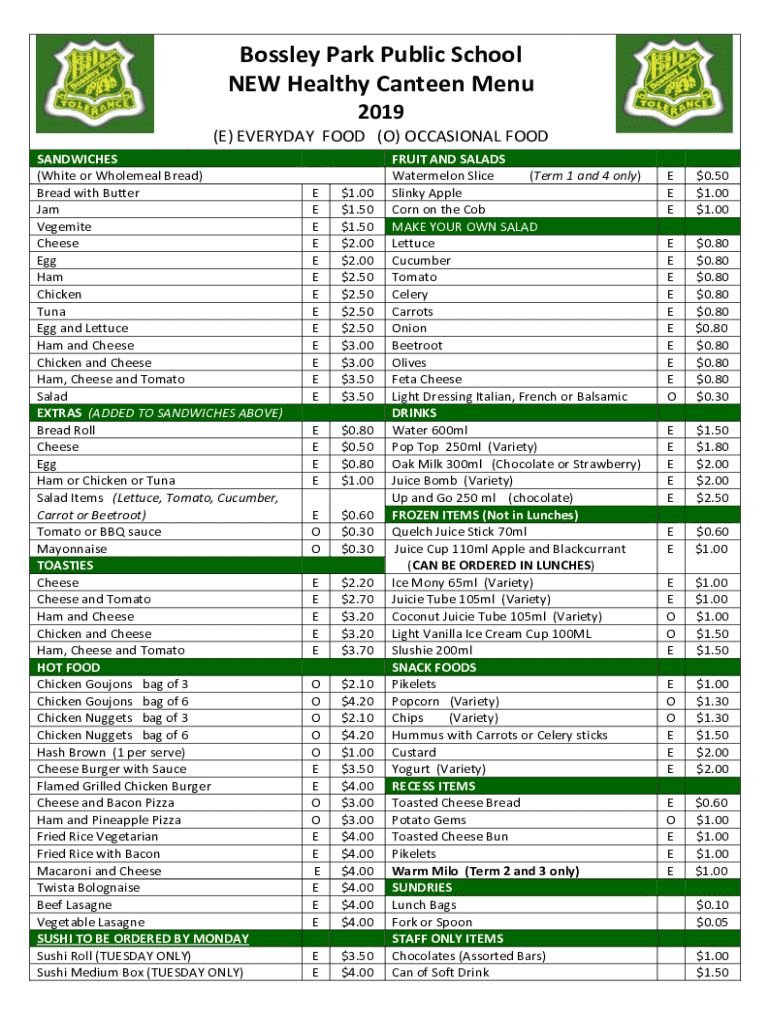 Fillable Online Bossley Park Public School Healthy Canteen Menu 2019 ...