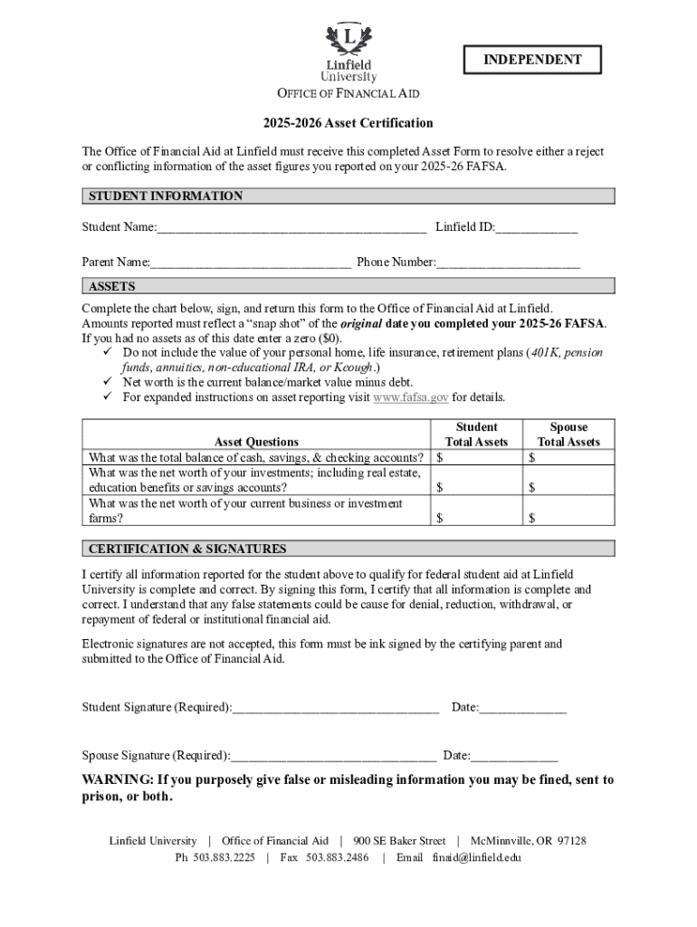 Fillable Online 2025-2026 Asset Certification Fax Email Print - pdfFiller