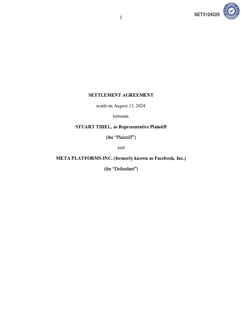 Fillable Online Settlement Agreement Between Stuart Thiel and Meta ...