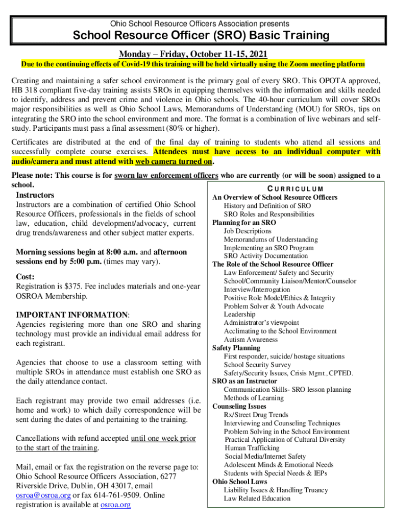 Fillable Online School Resource Officer (sro) Basic Training Fax Email ...