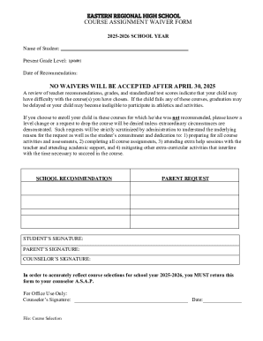 Fillable Online Eastern Regional High School Course Assignment Waiver Form 2025-2026 School Year ...
