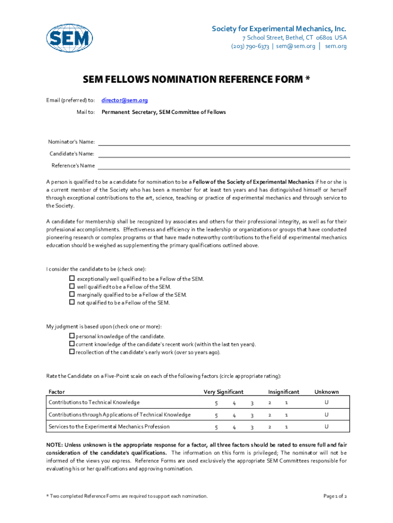 Fillable Online Sem Fellows Nomination Reference Form Fax Email Print ...