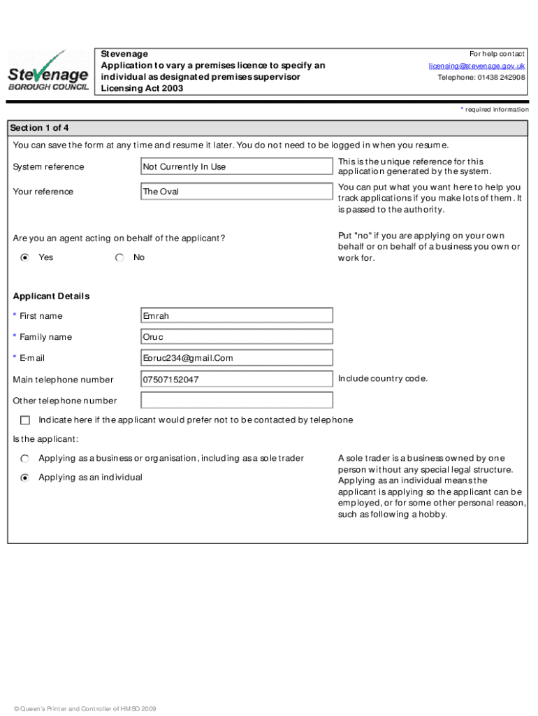 Fillable Online Application to Vary a Premises Licence to Specify an ...