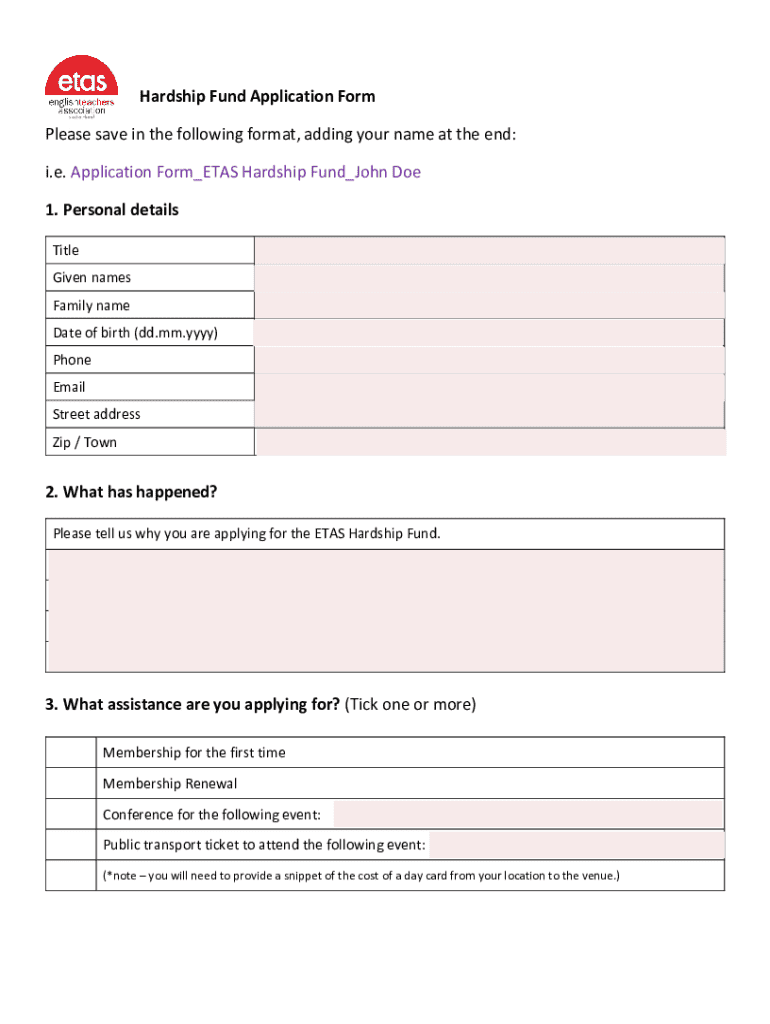 Fillable Online Etas Hardship Fund Application Fax Email Print - pdfFiller