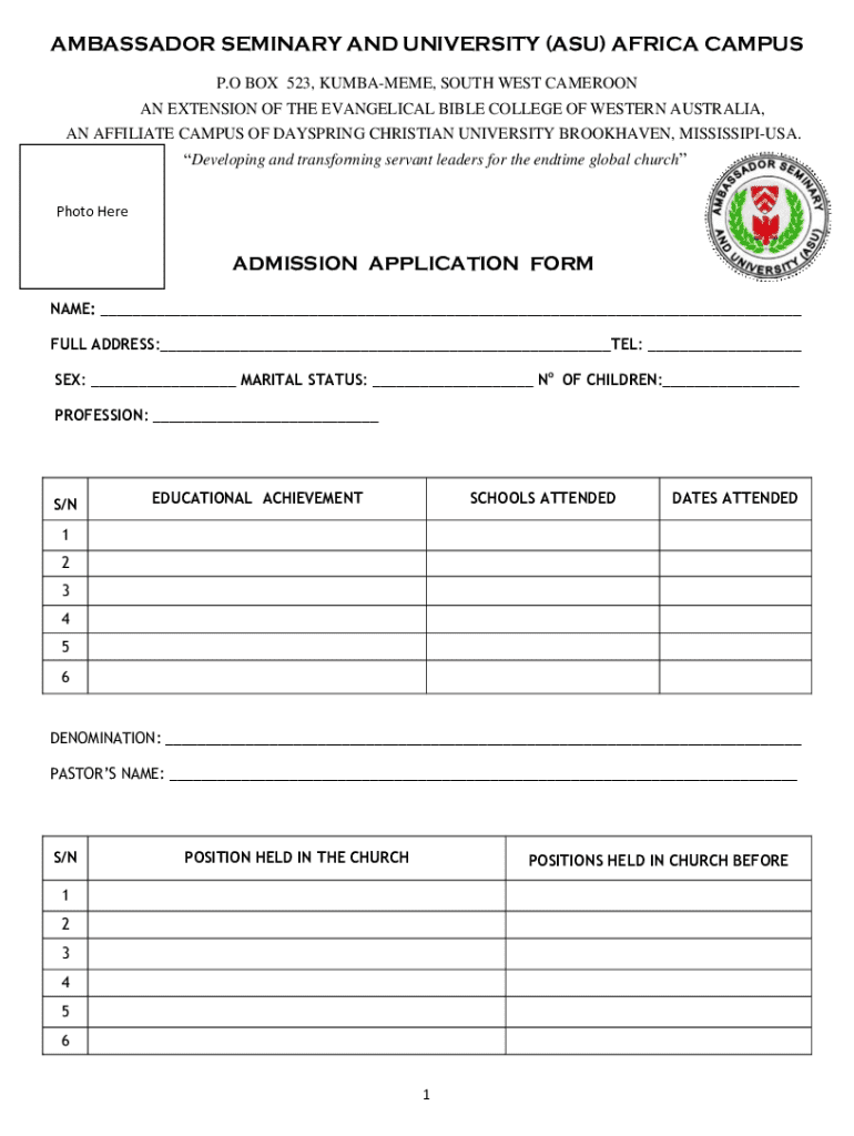 Fillable Online Ambassador Seminary and University (asu) Africa Campus ...