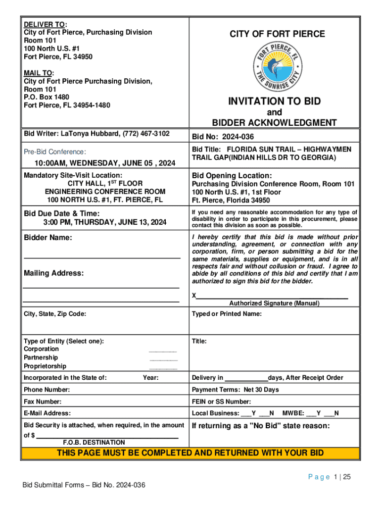 Fillable Online Invitation to Bid and Bidder Acknowledgment for Florida Sun Trail – Highwayman ...