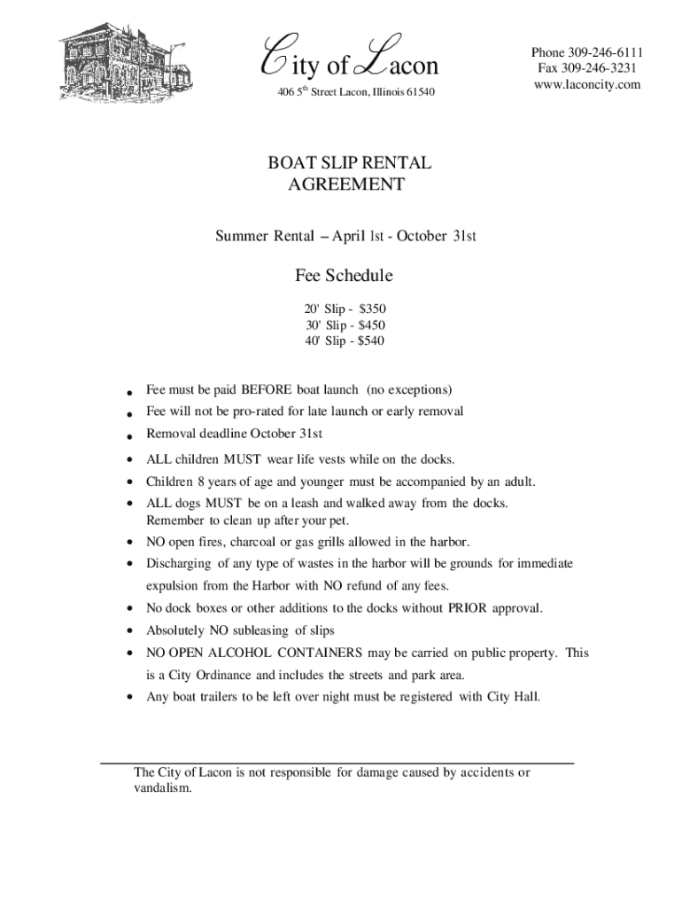 Fillable Online City of Lacon Boat Slip Rental Agreement Fax Email ...