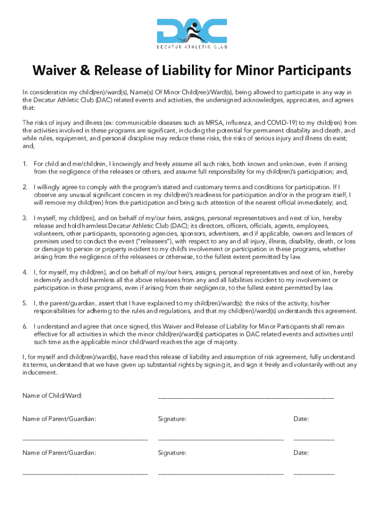Fillable Online Waiver & Release of Liability for Minor Participants ...