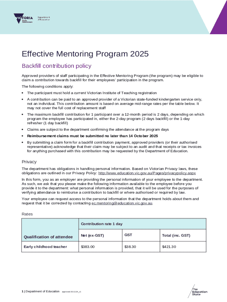 Effective Mentoring Program 2025 Backfill Contribution Claim Doc Template | pdfFiller
