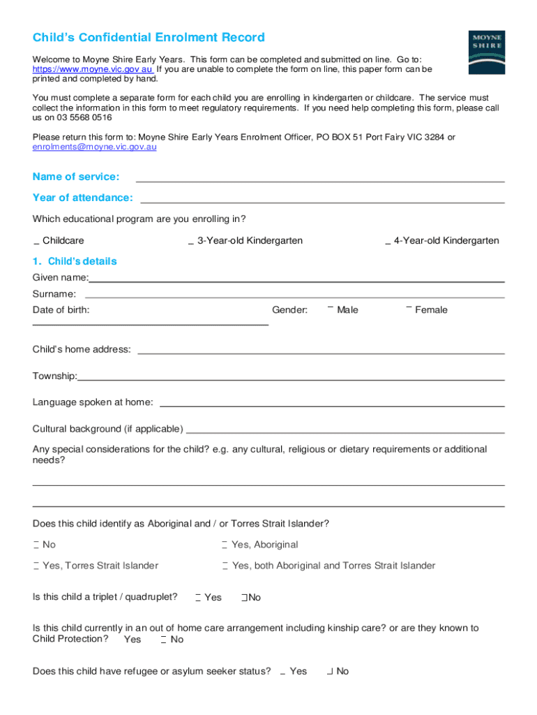 Fillable Online Child's Confidential Enrolment Record Fax Email Print - pdfFiller