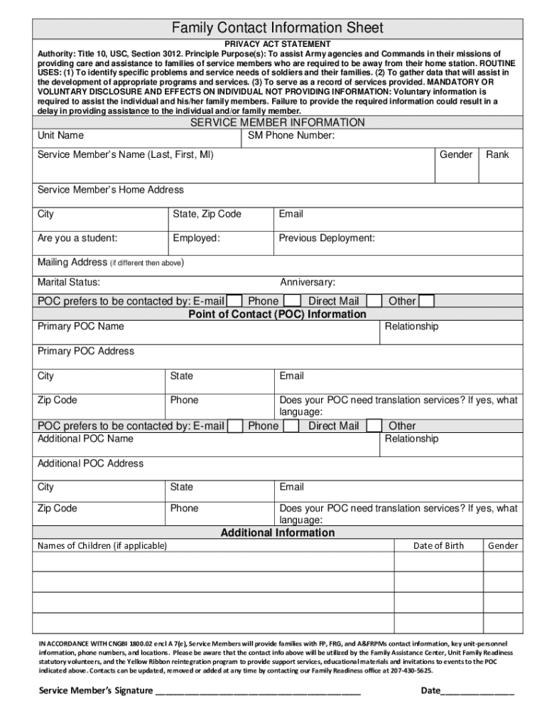 Fillable Online Family Contact Information Sheet Fax Email Print ...