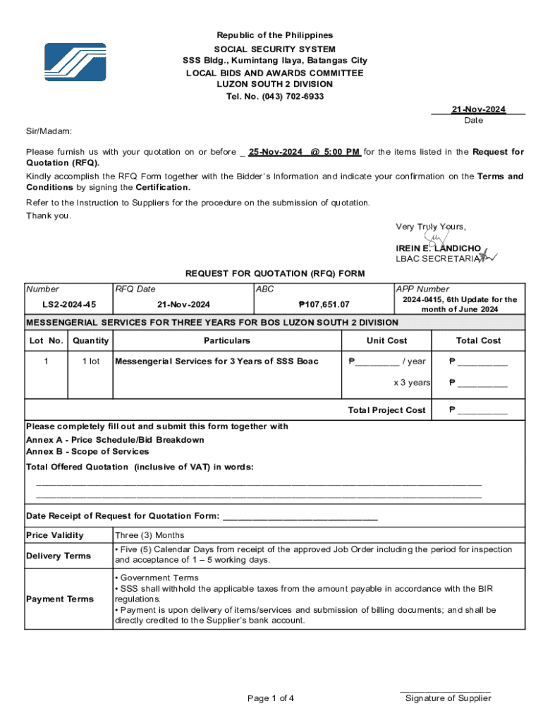 Fillable Online Request for Quotation for Messengerial Services Fax ...