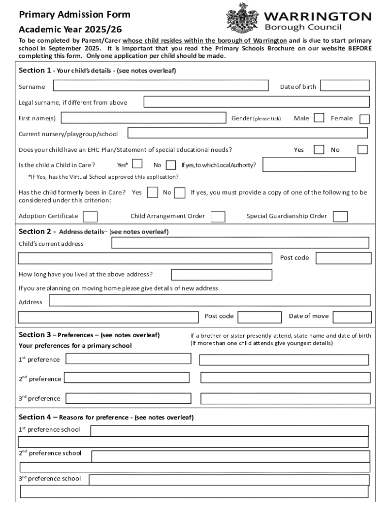 Fillable Online Primary Admission Form for Academic Year 2025/26 Fax ...