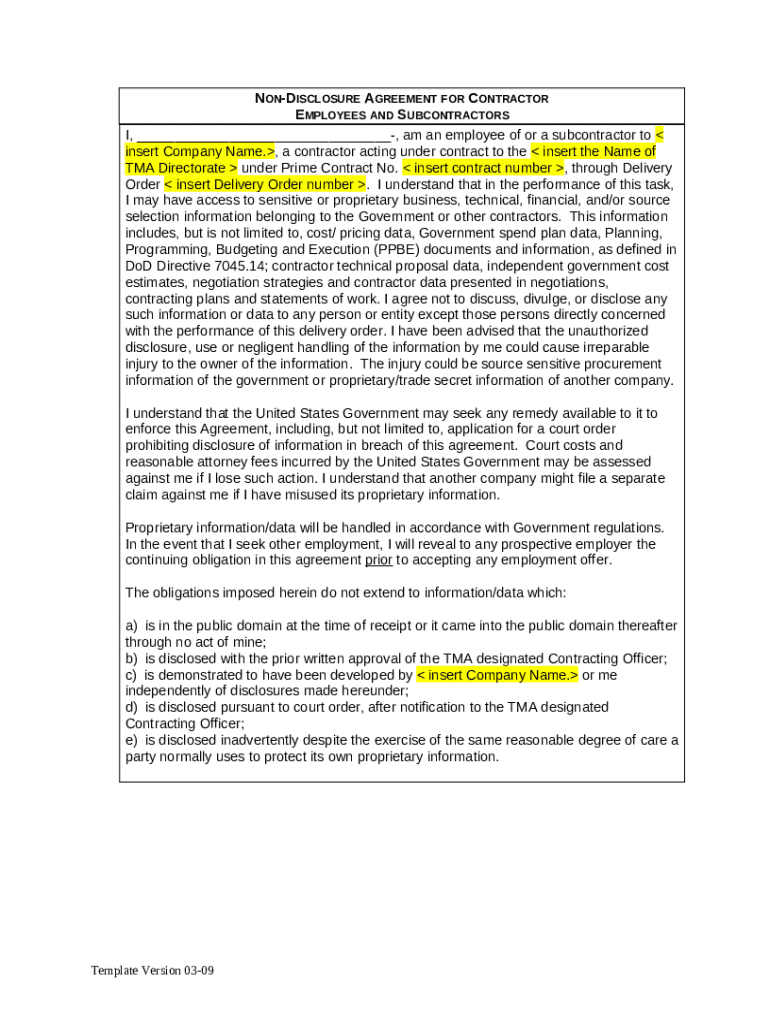 Non-disclosure Agreement for Contractor Employees and Subcontractors ...