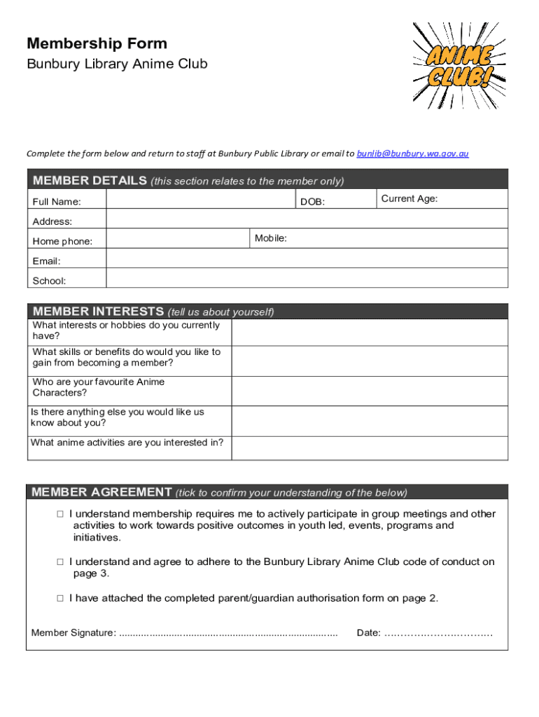 Fillable Online Bunbury Library Anime Club Membership Application Fax ...