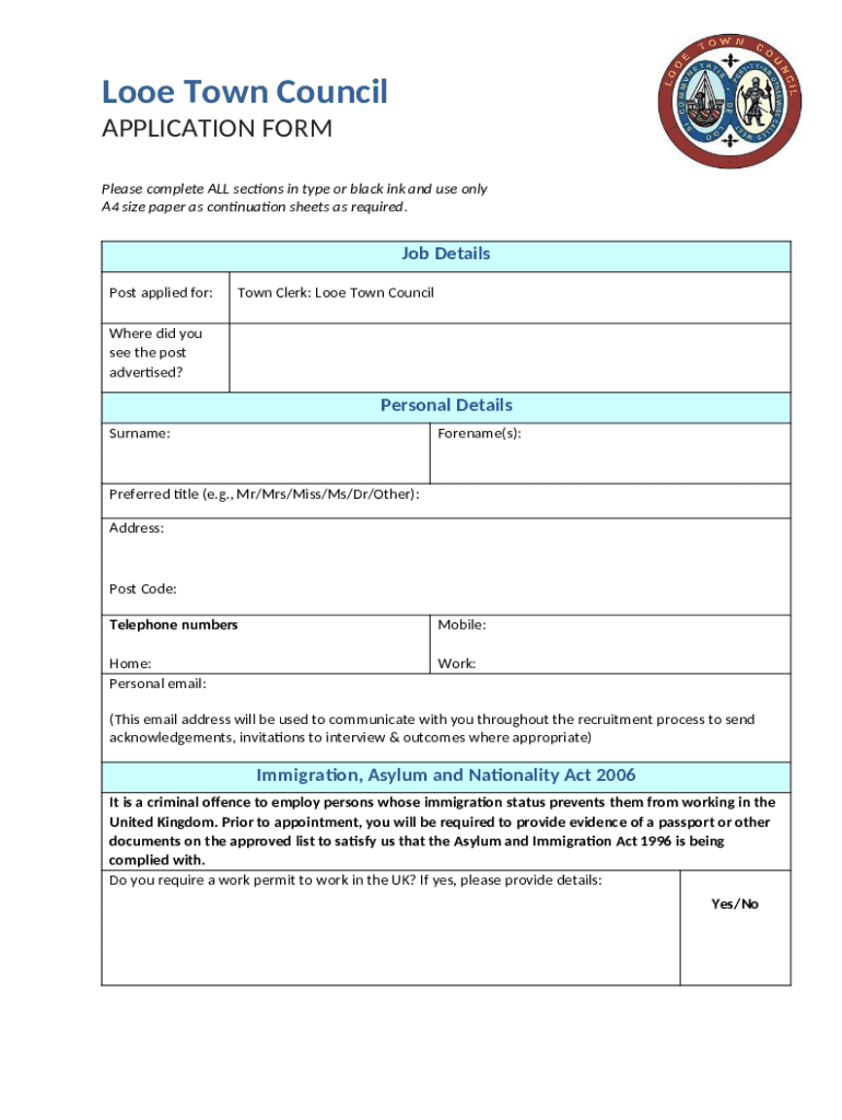 Looe Town Council Application Doc Template | pdfFiller